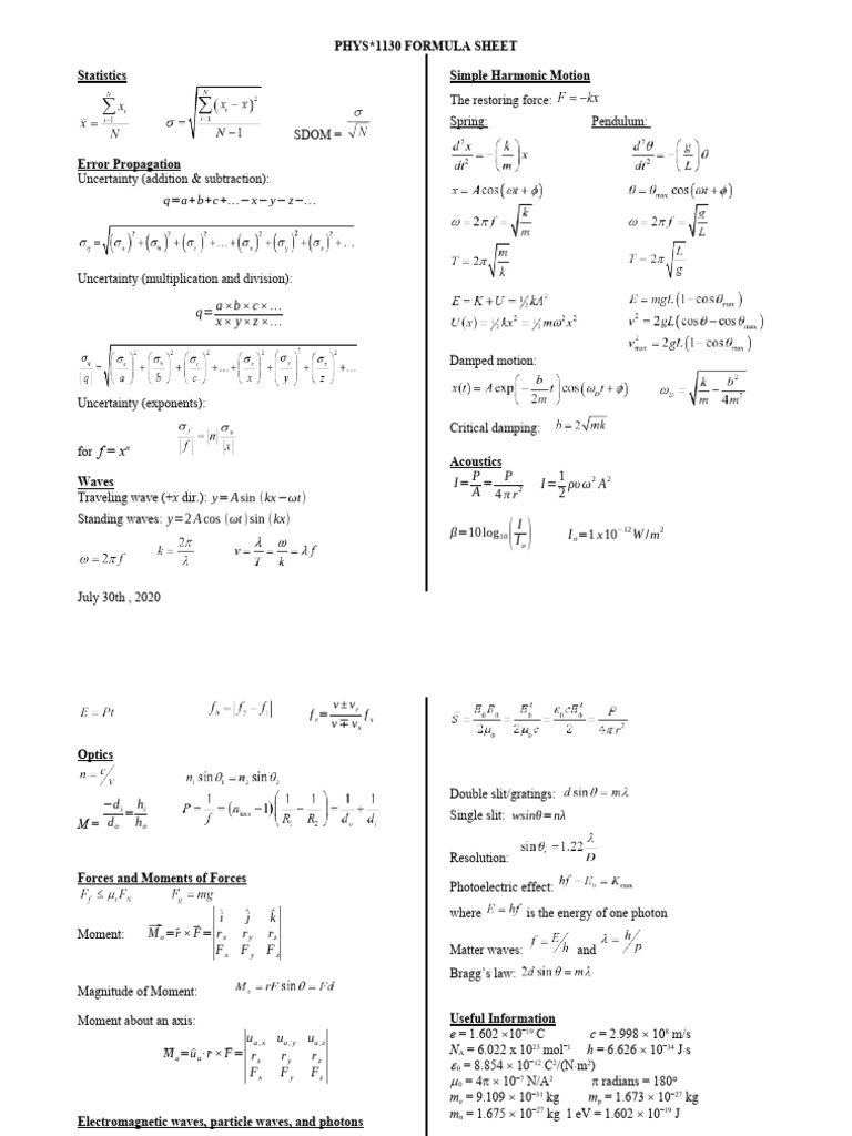 1130 Formula Sheet F20 | PDF