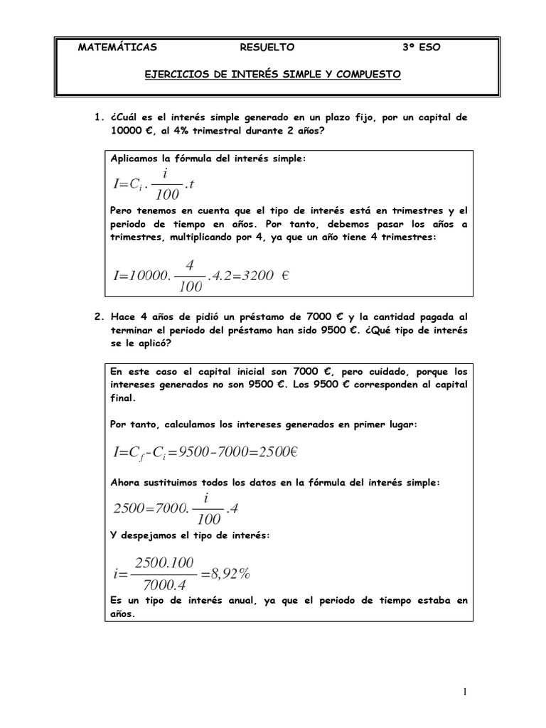 Ejercicios de Interés Simple y Compuesto | PDF | Interés | Interés ...