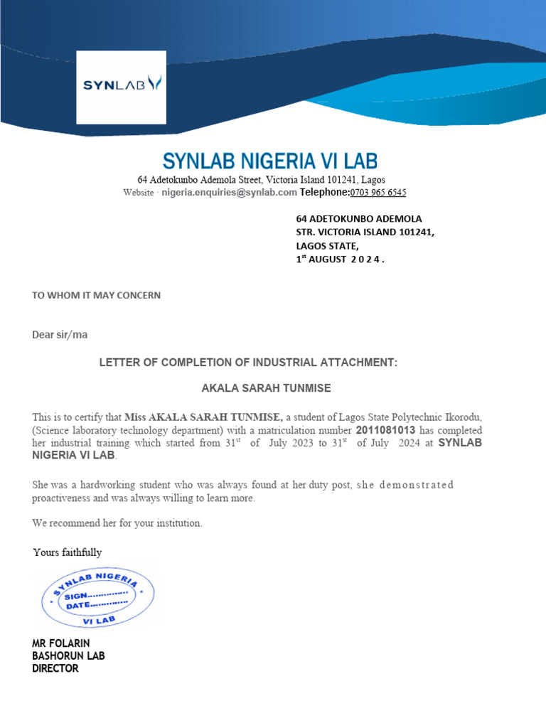 Industrial Training Completion Letter | PDF