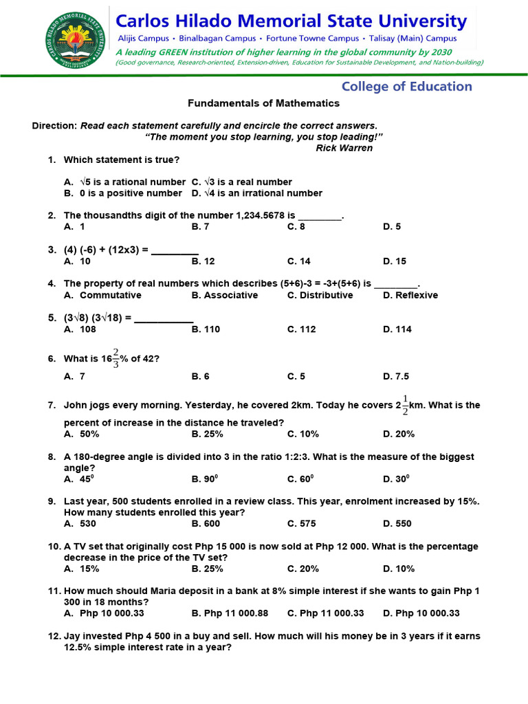 Math Fundamentals: Practice Questions | PDF | Area | Circle