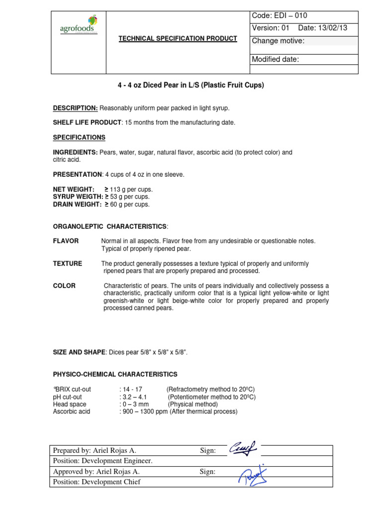 Agrofoods Spec Sheet - Diced Pear 113 G | PDF | Food And Drink