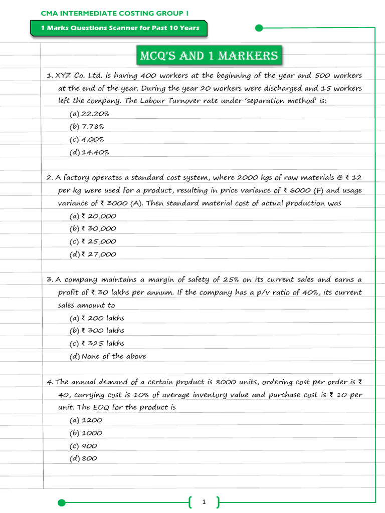 Costing MCQ Scanner | PDF | Cost | Labour Economics
