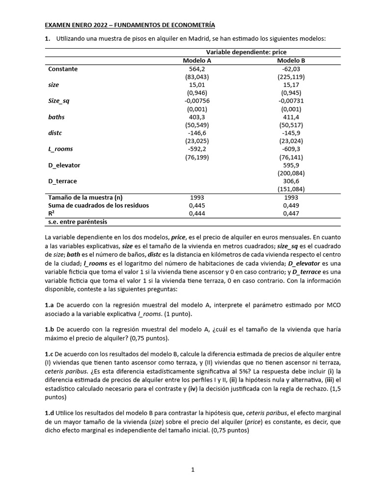 Examen Enero 2022 Econometría | PDF | Mínimos cuadrados ordinarios | Ciencia actuarial