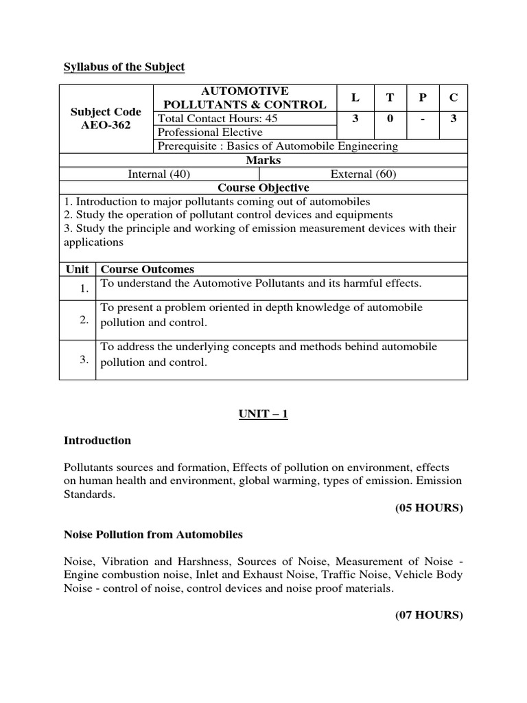 Syllabus of The Subject Automotive Pollutants & Control L T P C 3 0 - 3 ...