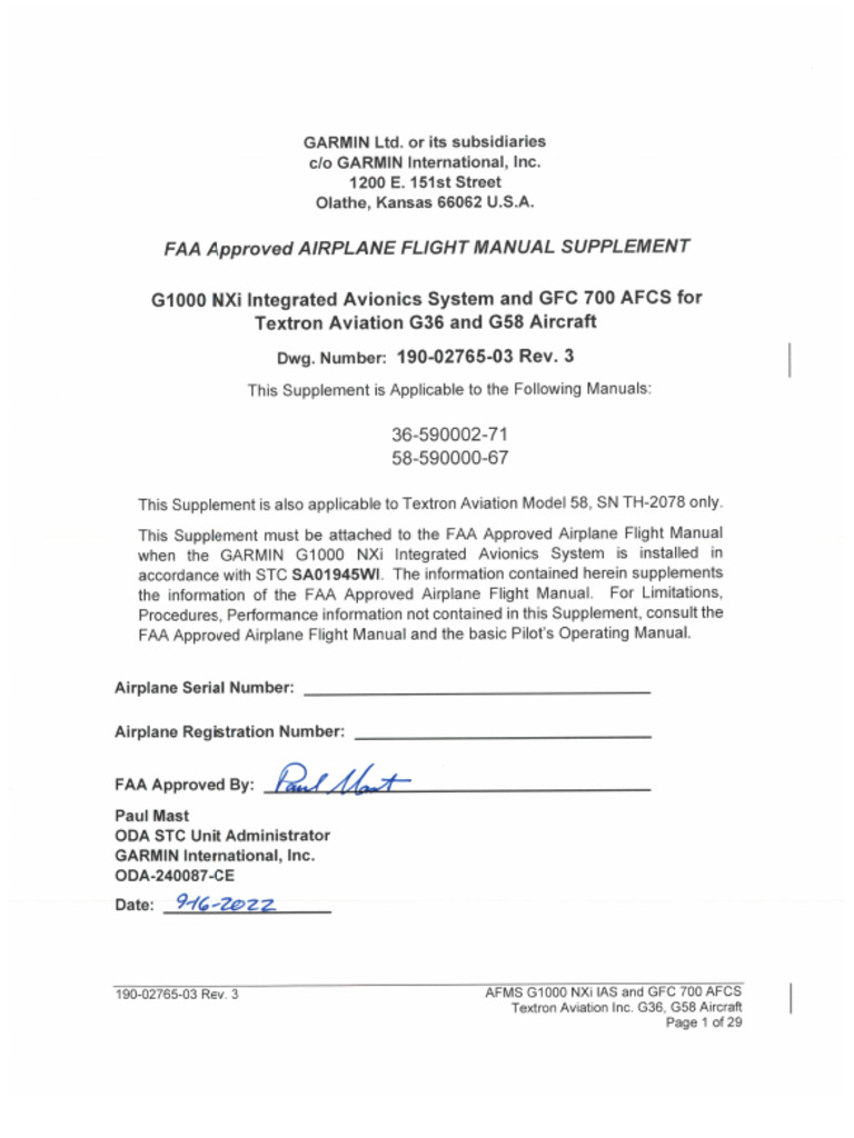 Airplane Flight Manual Supplement, G1000 NXi Textron Aviation G58 Baron ...