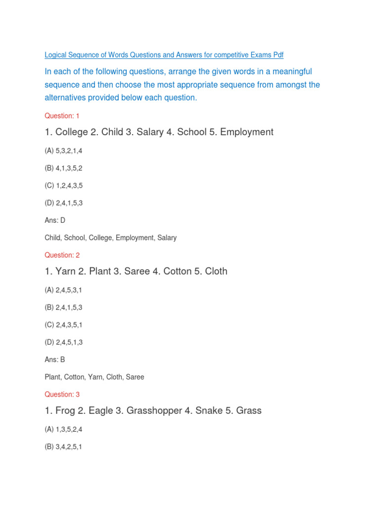 Logical Sequence Words Questions SSC Exams | PDF