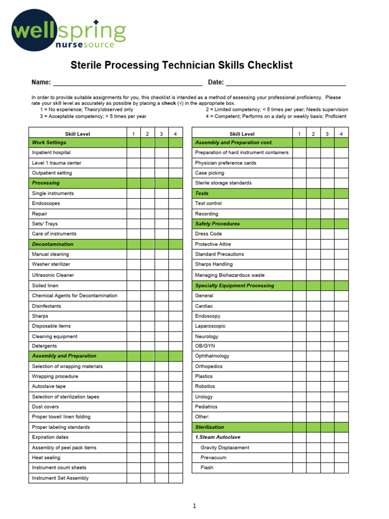 Sterile Processing Tech Skills Checklist | PDF | Sterilization ...