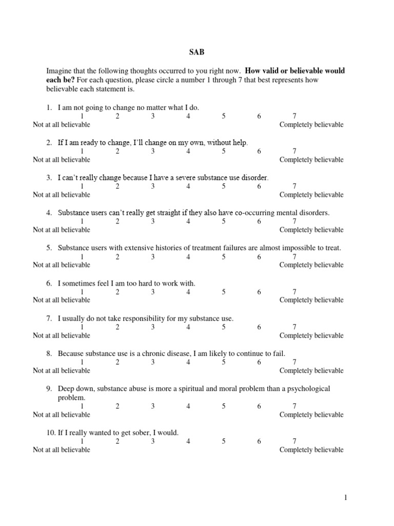 SAB Version for Clients | PDF | Substance Abuse | Psychology