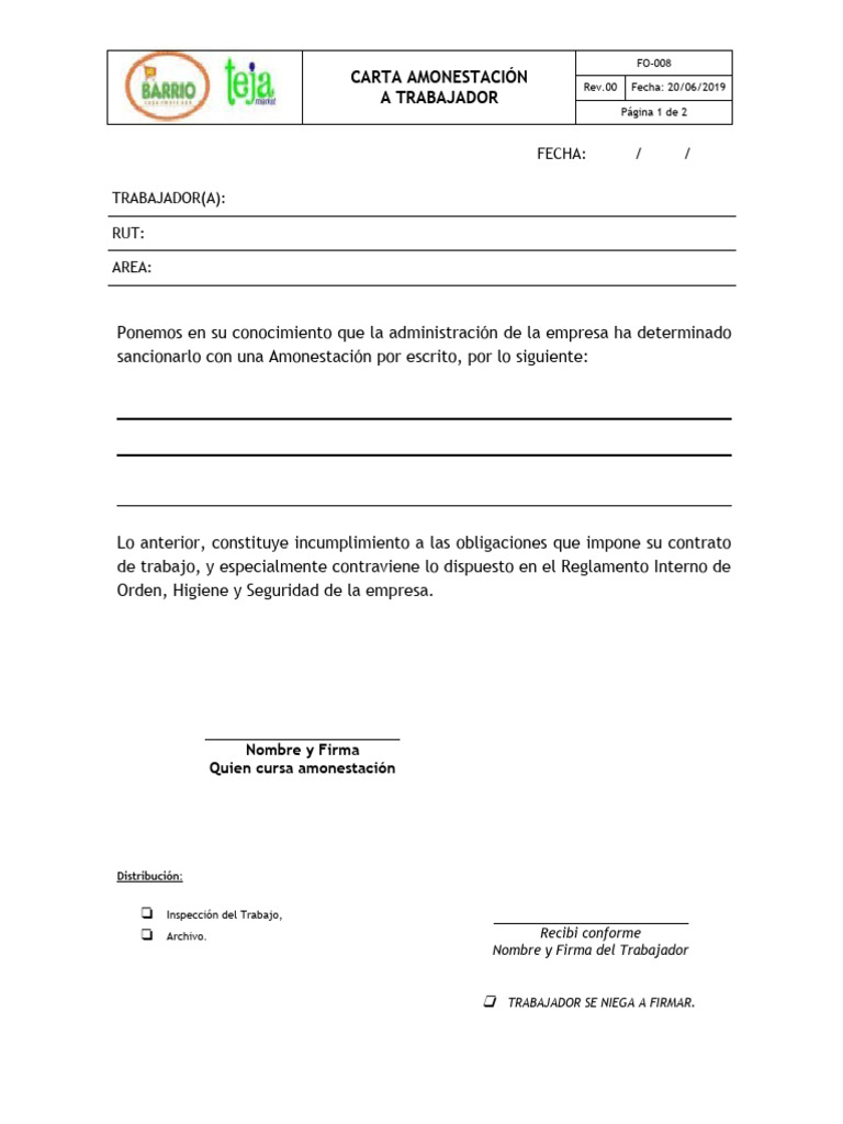 FO-008 Carta Amonestacion Rev.00 | PDF