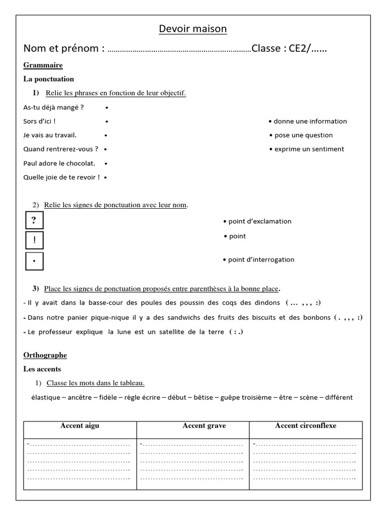 Devoir de grammaire et orthographe CE2 | PDF | Verbe | Phrase