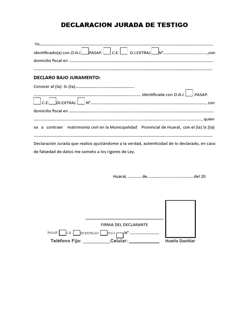 Formato de Declaración Jurada de Testigo. | PDF Formato de Declaración Jurada de Testigo. | PDF