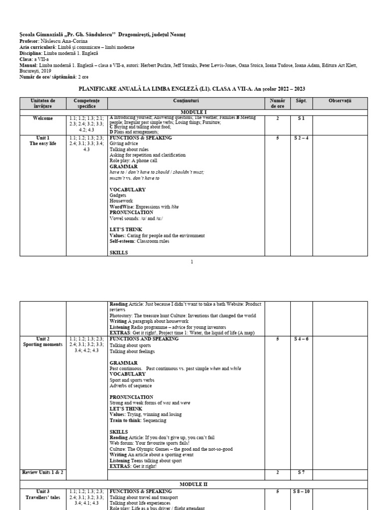 Planificare Calend Cls. 7 | PDF | Grammar | Syntax