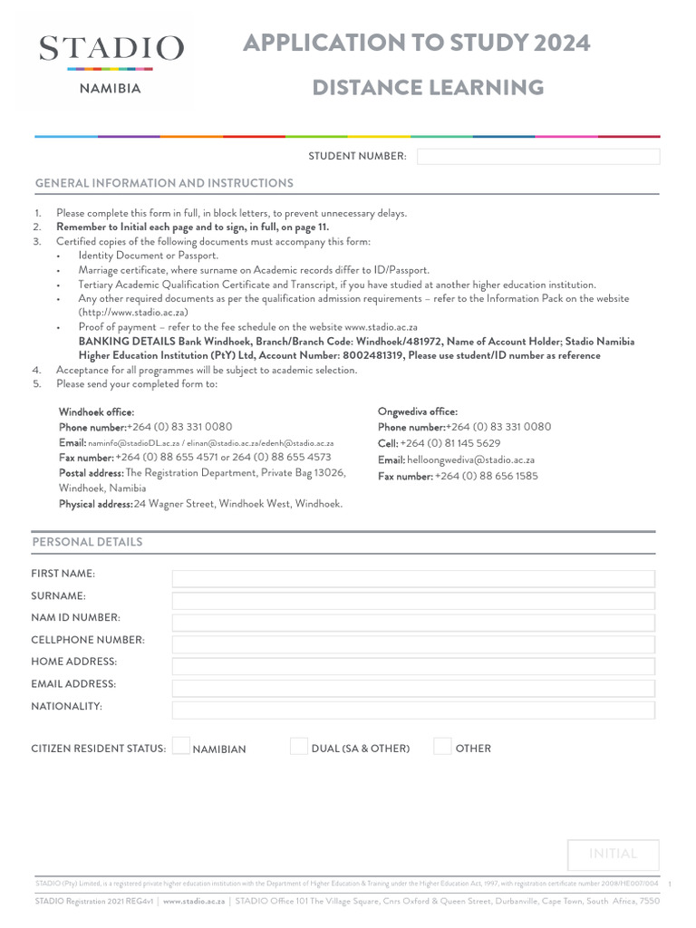 STADIO Registration Application (R1-N) 2024 | PDF | Mail | Fee