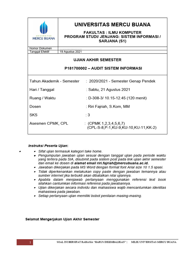 Soal UAS Audit Sistem Informasi SP Genap TA 2020 2021 Riri Fajriah | PDF
