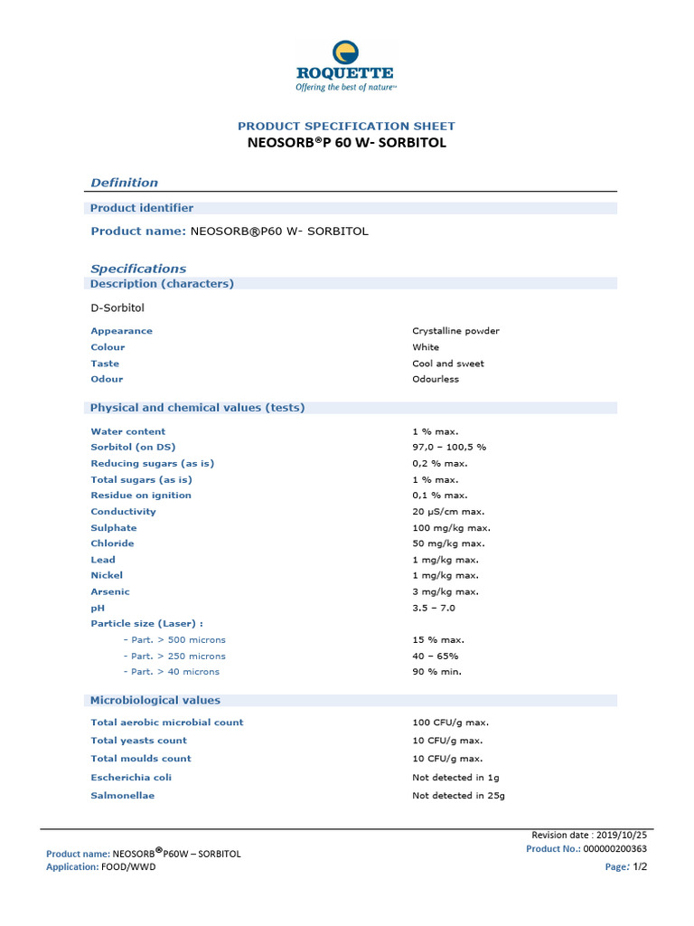 Neosorb P60W - Specification (CH) | PDF | Chemistry | Materials