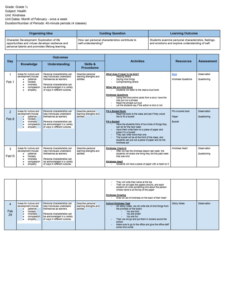 Unit Plan - Health - Kindness - February 1 | PDF | Learning ...