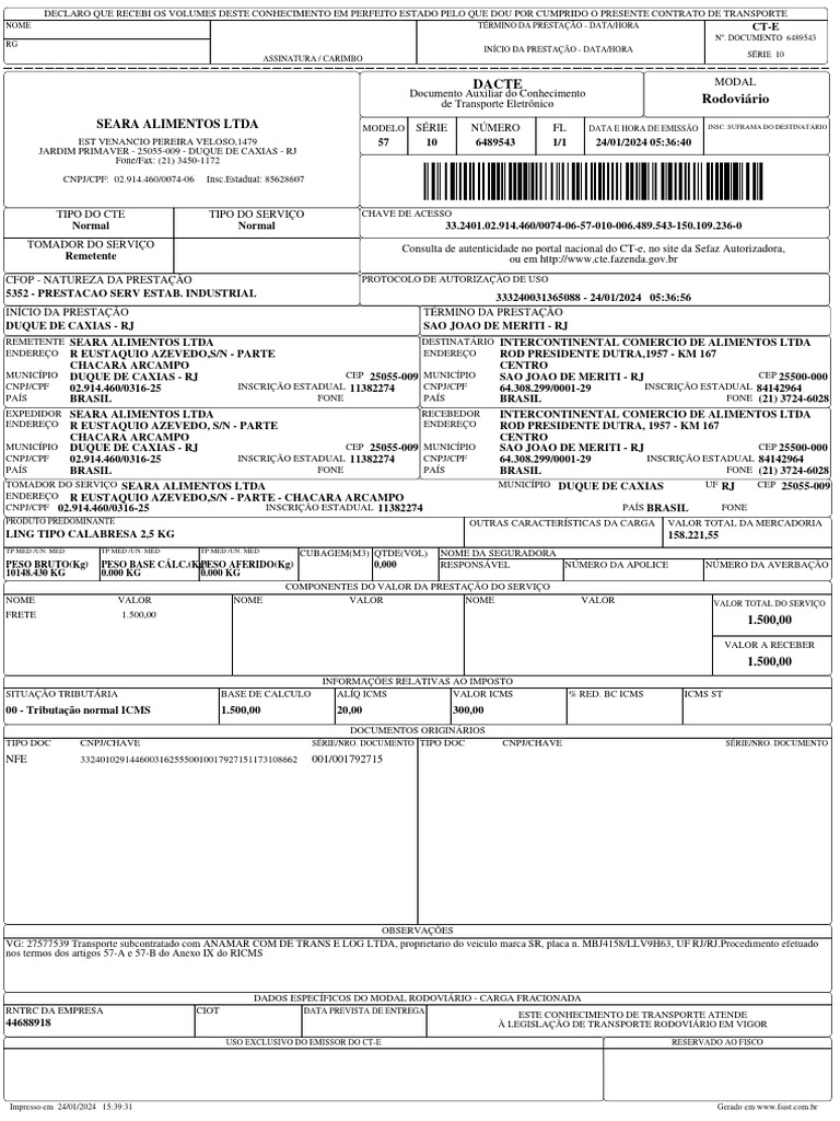 Cte - Frete - 24-01-24 - Mbj4158 - Intercontinental | PDF | Brasil ... Cte - Frete - 24-01-24 - Mbj4158 - Intercontinental | PDF | Brasil ...