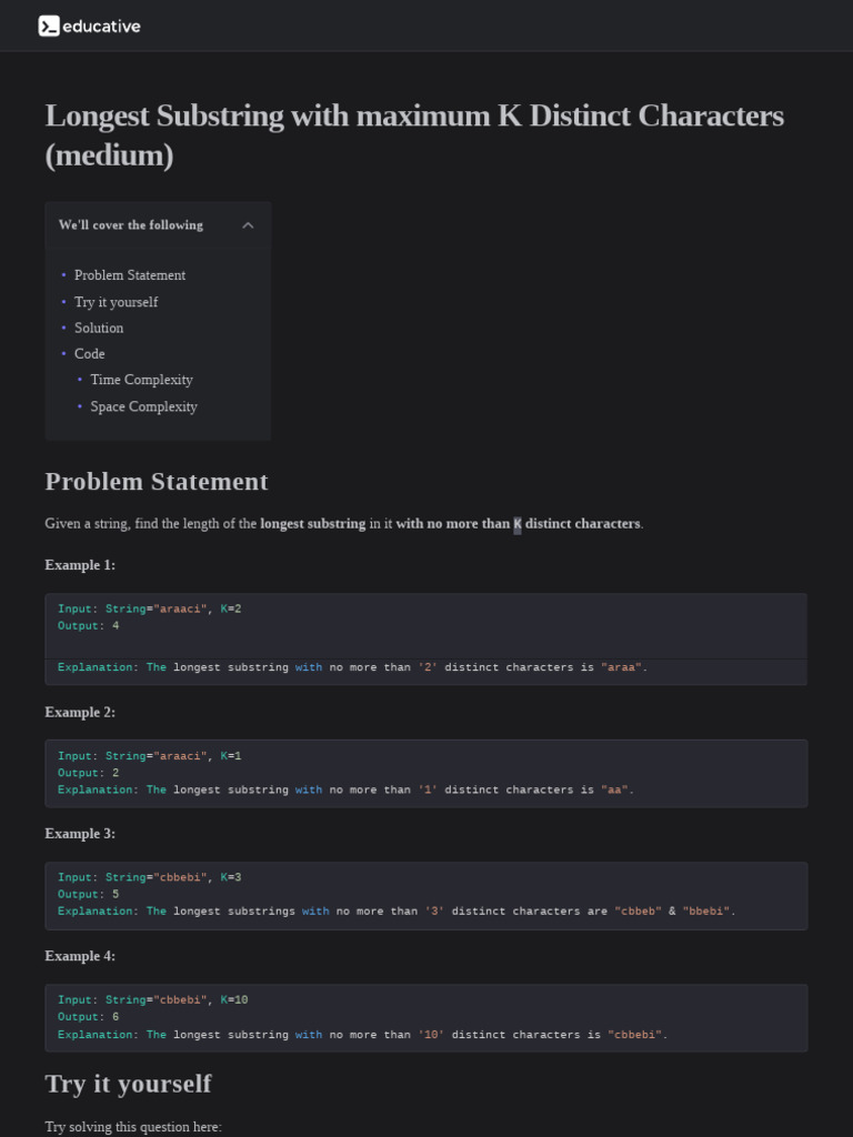 Longest Substring With Maximum K Distinct Characters (Medium) | PDF ... Longest Substring With Maximum K Distinct Characters (Medium) | PDF ...