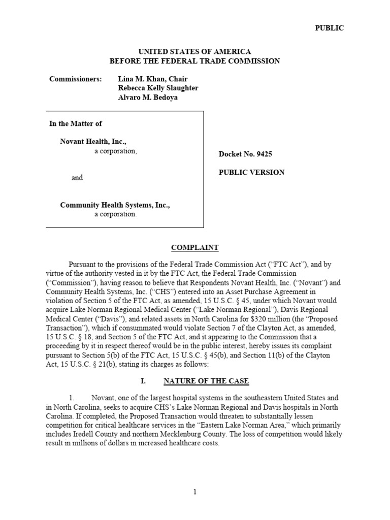 FTC Complaint On Novant Health Acquisition Agreement | PDF | Patient ...