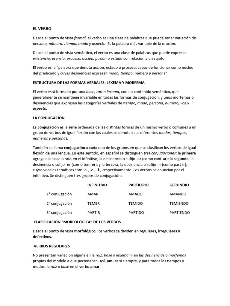 Definición Y Clasificación Del Verbo Pdf Verbo Conjugación Gramatical