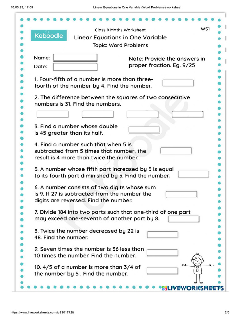 Linear Equations in One Variable (Word Problems) Worksheet | PDF