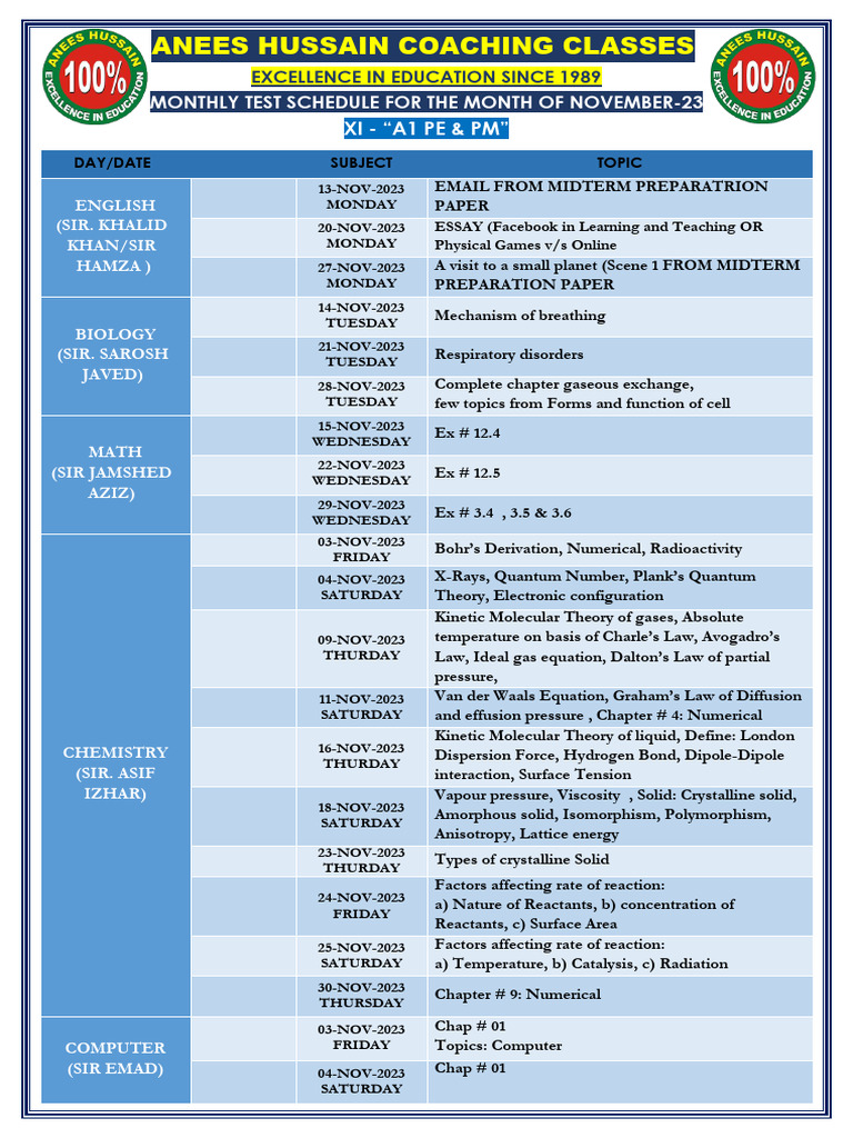 November 2023 Test Schedule | PDF | Momentum | Friction