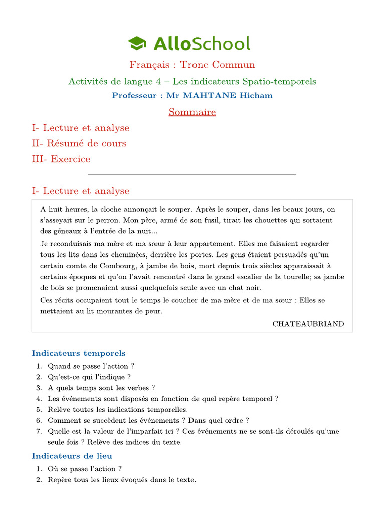 Activites de Langue 4 Les Indicateurs Spatio Temporels 4 | PDF