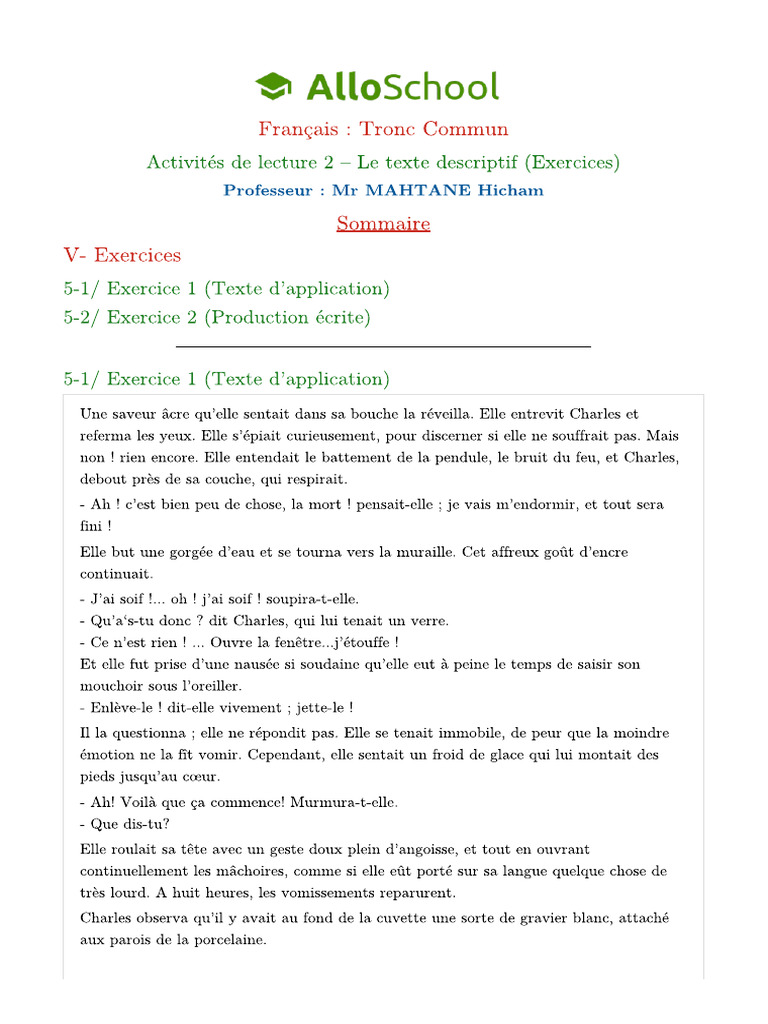 Activites de Lecture 2 Le Texte Descriptif Exercices 7 | PDF