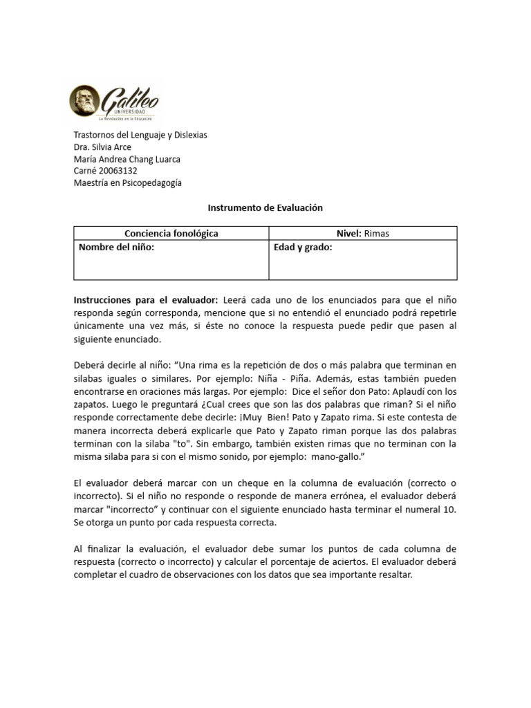Evaluación de Conciencia Fonológica Infantil | PDF | Sílaba | Lingüística