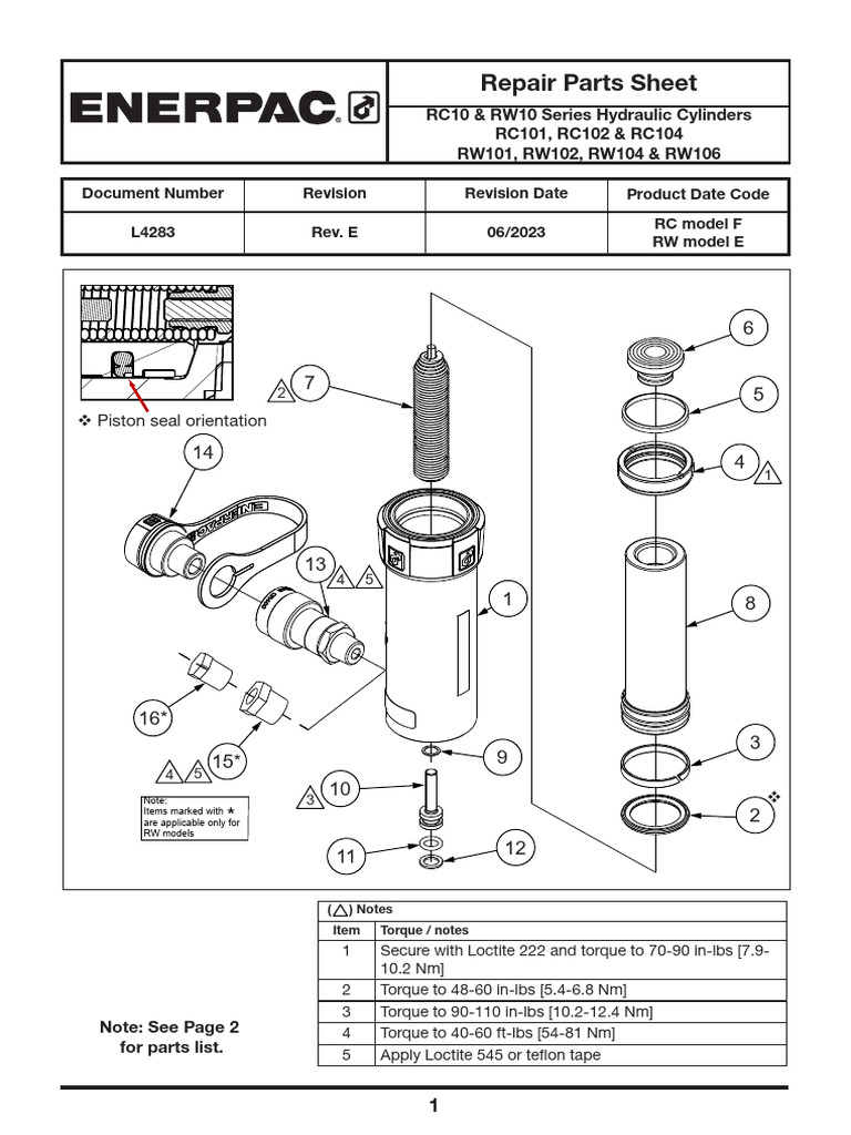 Repair Parts Sheet: RC10 & RW10 Series Hydraulic Cylinders RC101, RC102 ...