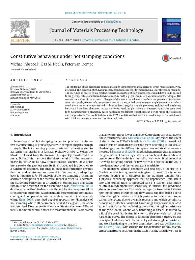 Constitutive Behaviour Under Hot Stamping Conditions | PDF | Dislocation | Yield (Engineering)