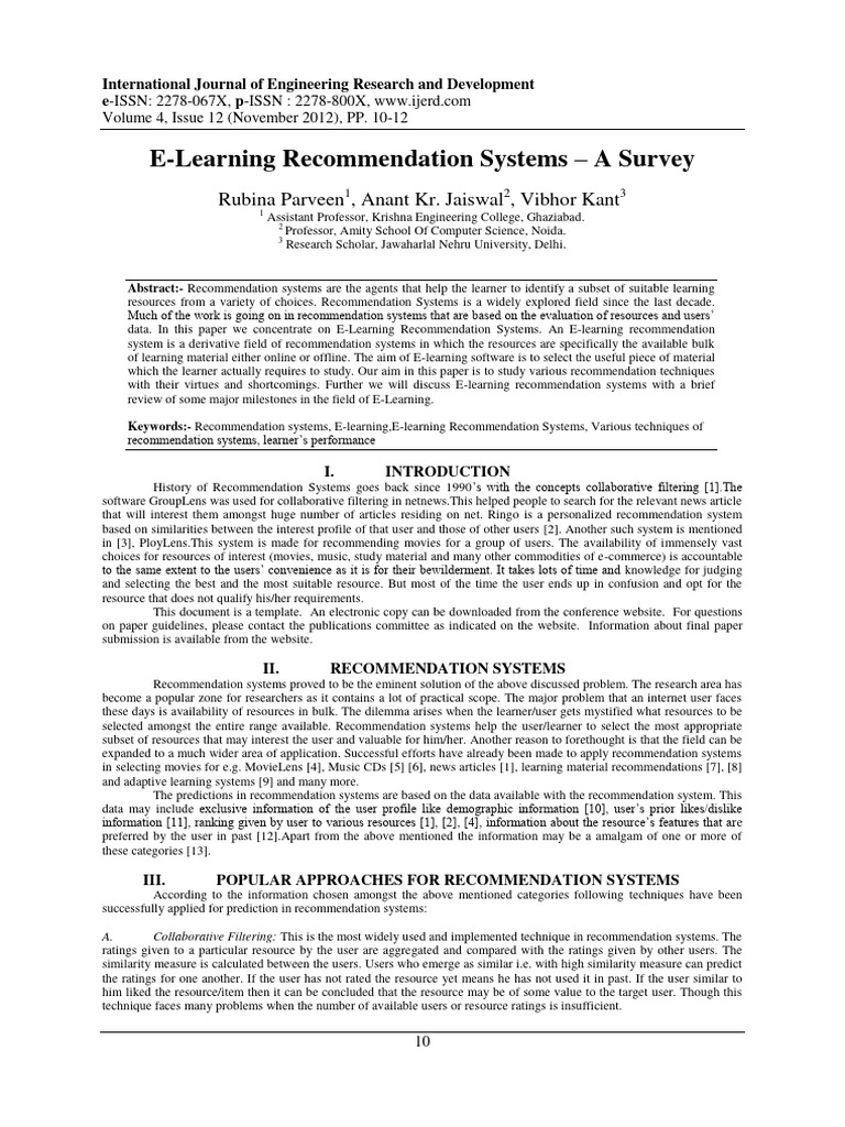 E-Learning Recommendation Systems - A Survey: Rubina Parveen, Anant Kr. Jaiswal, Vibhor Kant ...