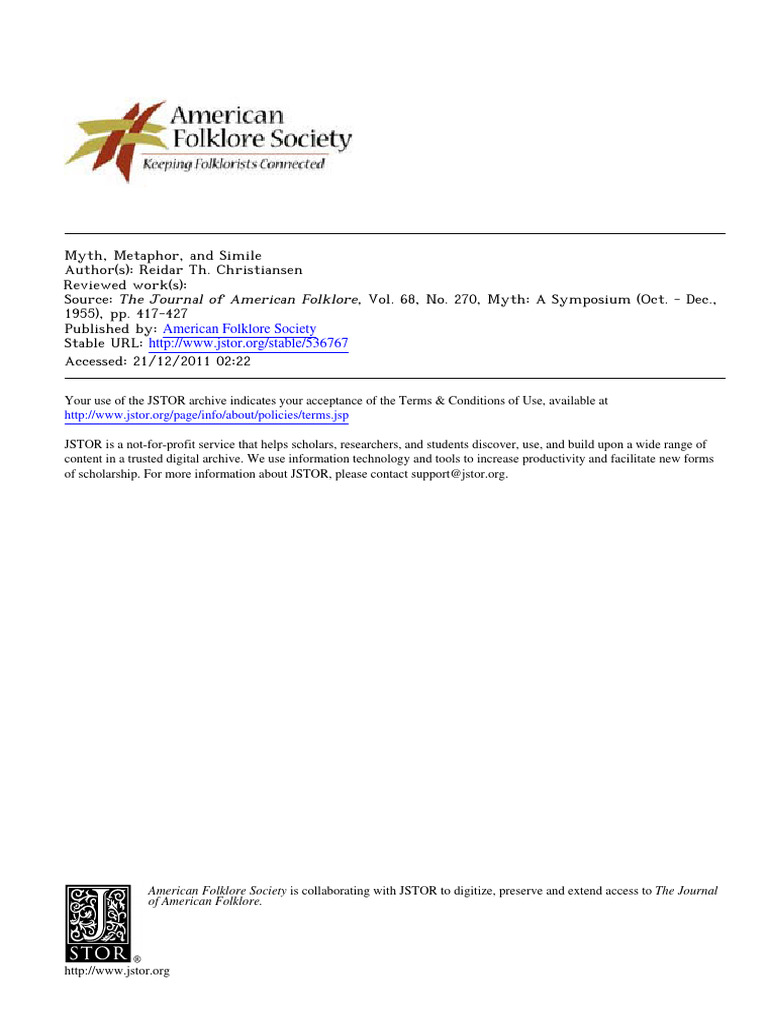 Christiansen Myth Metaphor | PDF | Theology | Legends