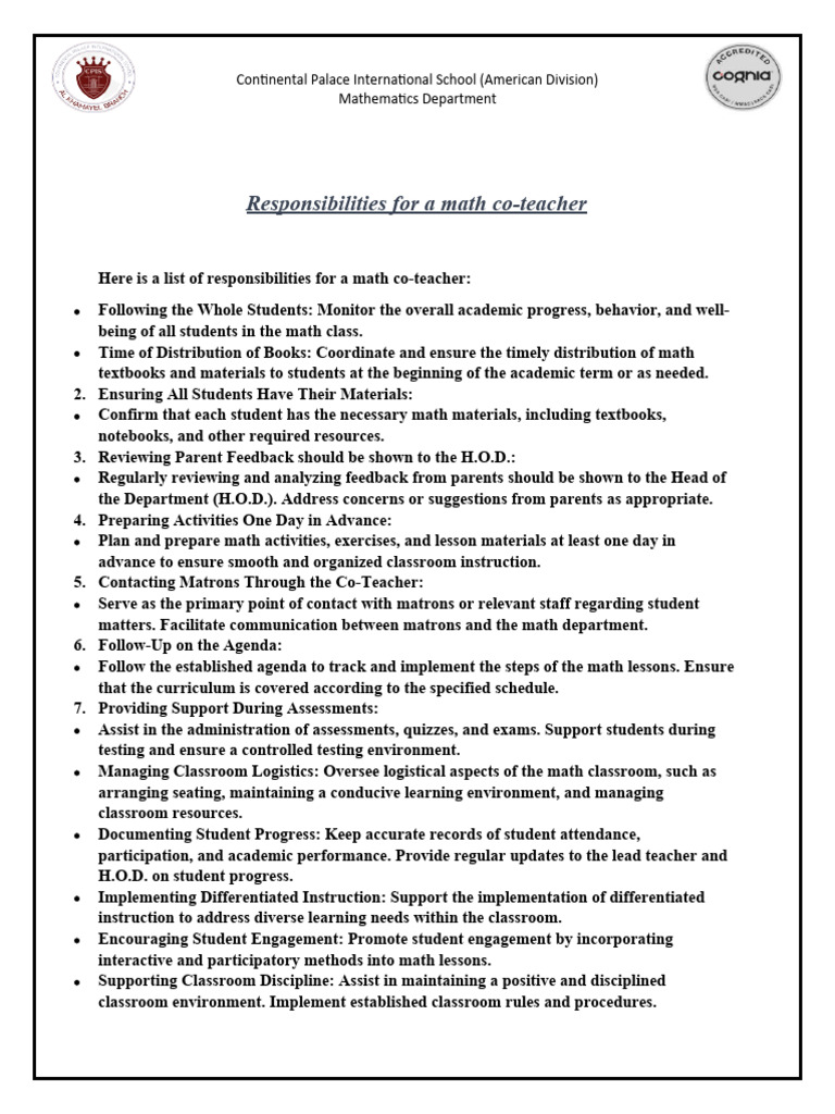 Responsibilities For A Math Co | PDF | Teachers | Classroom