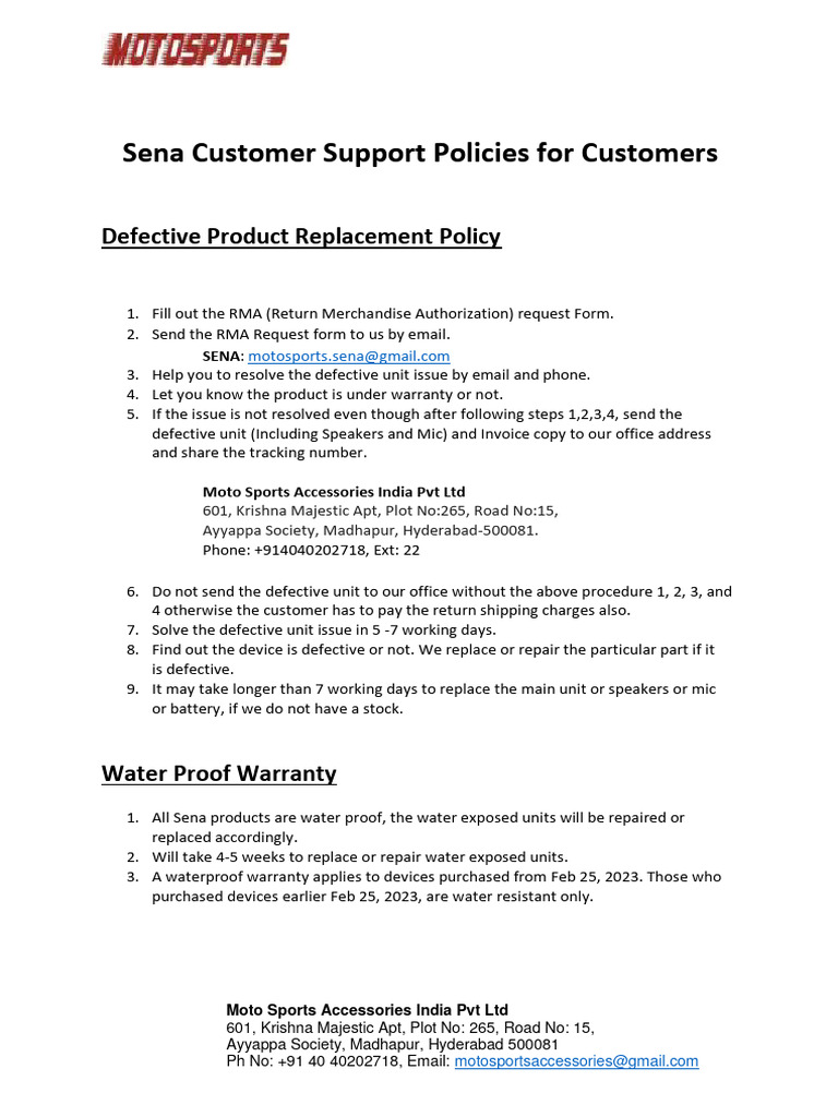 Sena Customer Support Policies For Customers: Defective Product ...