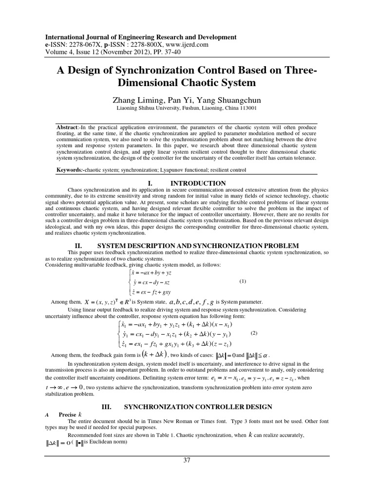 A Design Of Synchronization Control Based On Three Dimensional Chaotic System Pdf