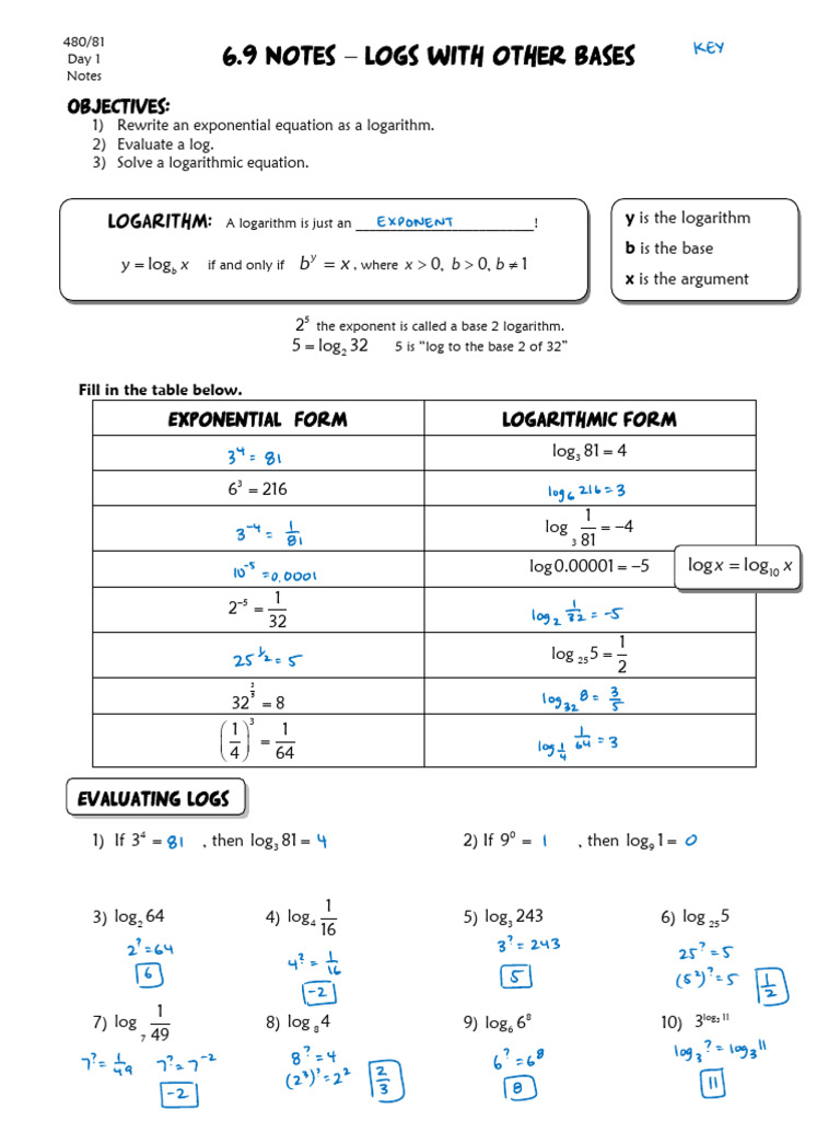 Day 1 Notes - 6.9 Notes - Logs With Other Bases-Keyed | PDF | Logarithm ...