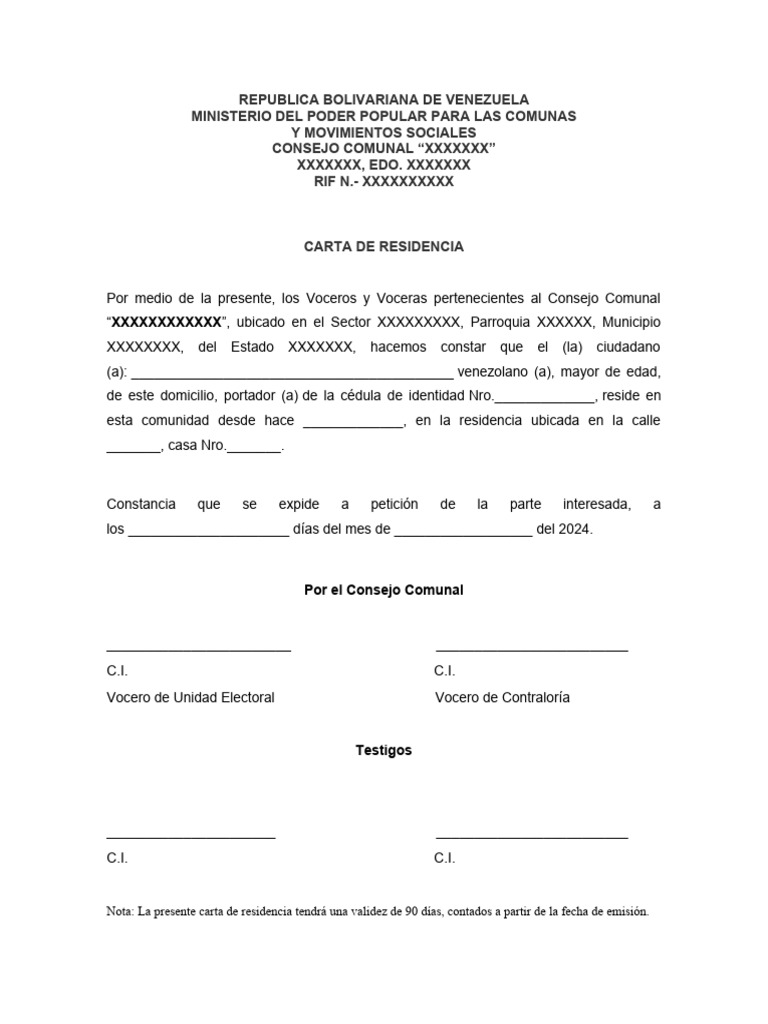 Modelo Carta de Residencia 2024 | PDF | Derecho