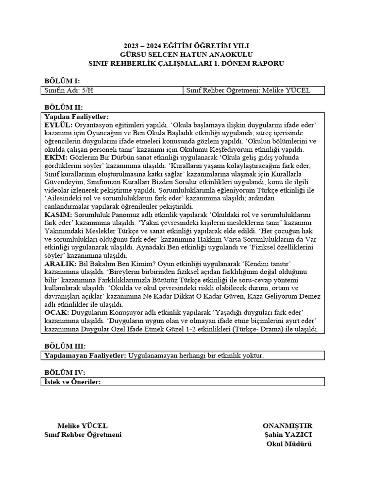 Rehberlik 1 Dönem Sonu Raporu | PDF