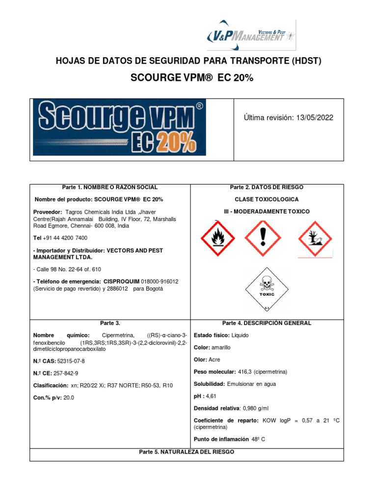 Hoja de Datos de Seguridad para El Transporte Scourge VPM® Ec 20% | PDF ...