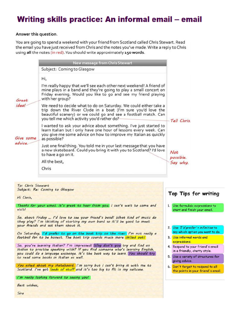 Writing Skills Practice. An Informal Email | PDF