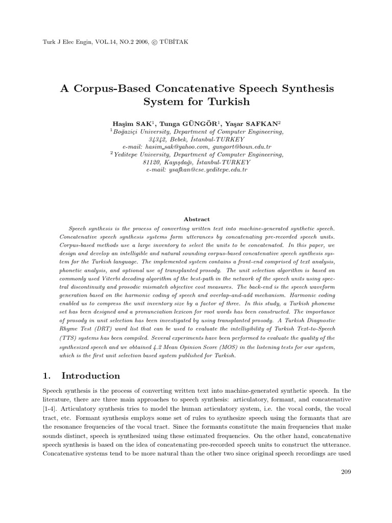 A Corpus-Based Concatenative Speech Synthesis System For Turkish | PDF | Speech Synthesis | Phoneme