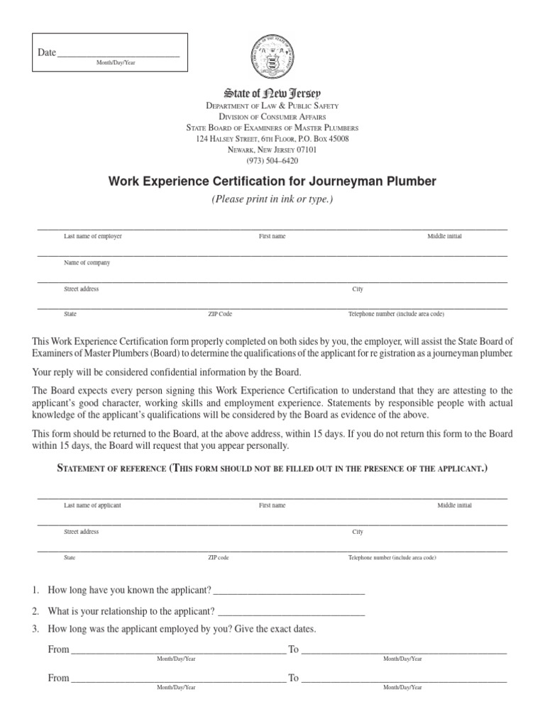 Work Experience Certification For Journeyman Plumber | PDF | Journeyman ...