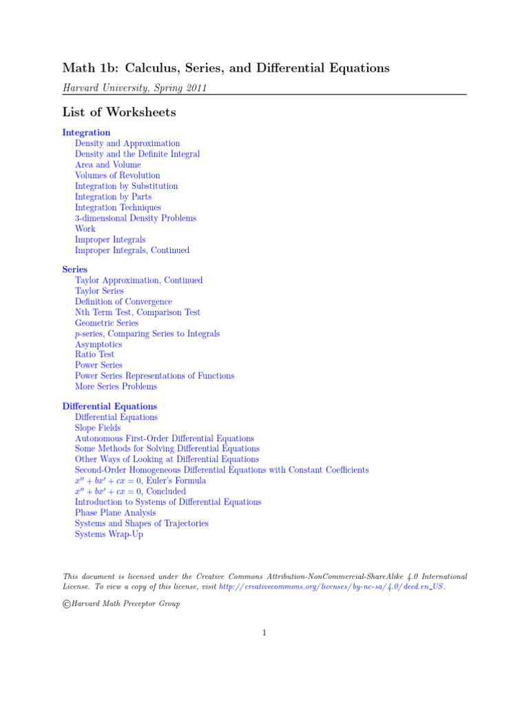 Harvard Math 1b: Calculus Worksheets | PDF | Integral | Differential ...