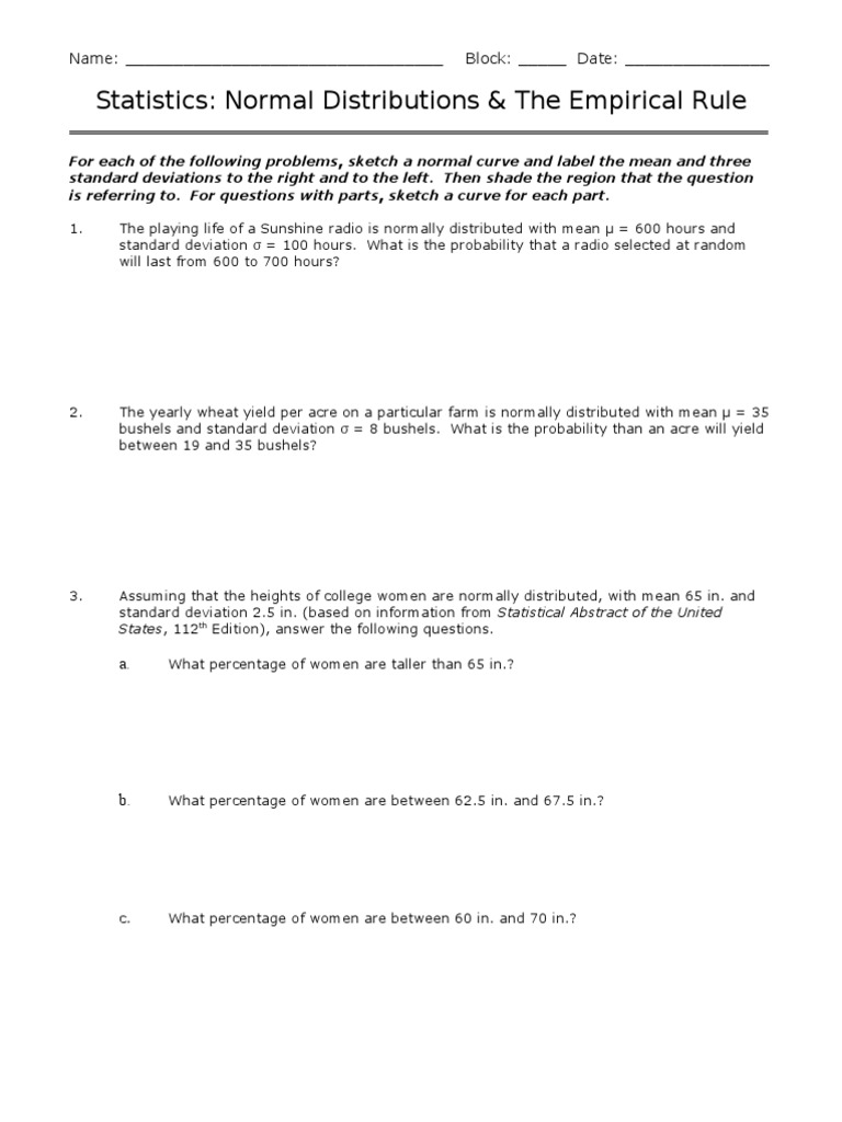 Worksheet Normal Distributions | PDF | Normal Distribution | Standard ...