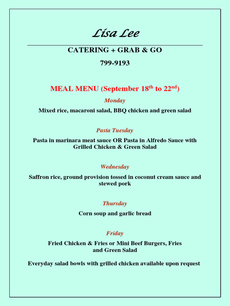 Lisa's Weekly Catering Menu | PDF | Cooking, Food & Wine