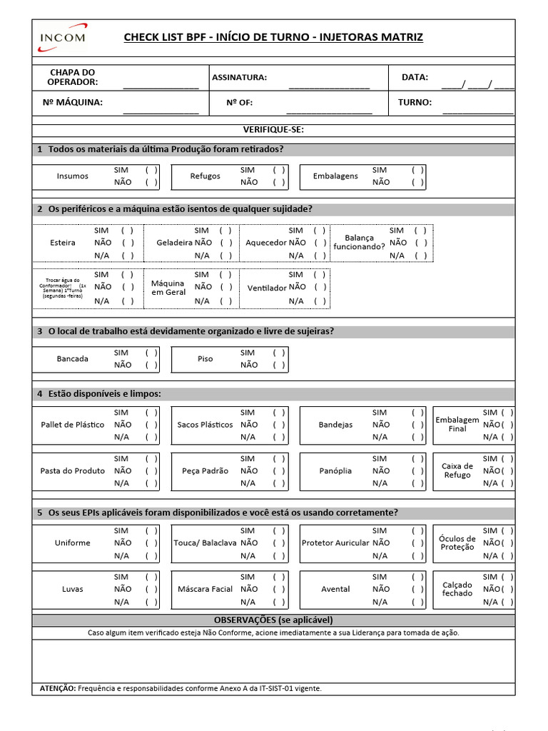 FSQ.009 - Check List BPF - Início de Turno - Injetoras Matriz | PDF | Setor secundário da ...