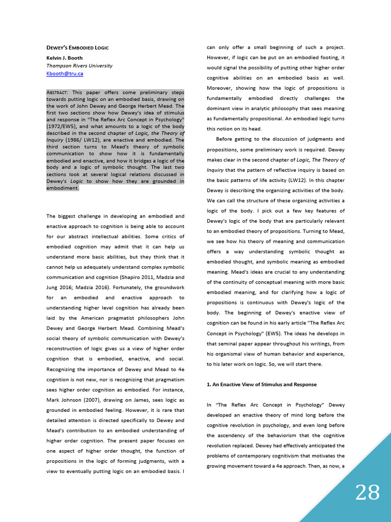 Deweys Embodied Logic Kelvin J Booth | PDF | Embodied Cognition | Inquiry
