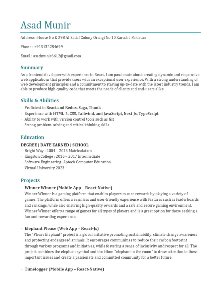 Frontend Developer Resume - Asad Munir | PDF | Web Application | Mobile App