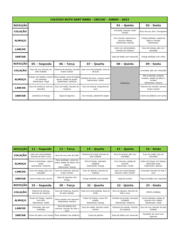 Cardápio Infantil - Junho 2023 | PDF